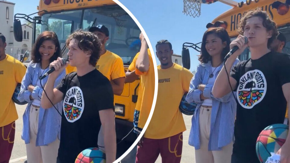 Zendaya e Tom Holland visitano delle scuole e giocano a basket