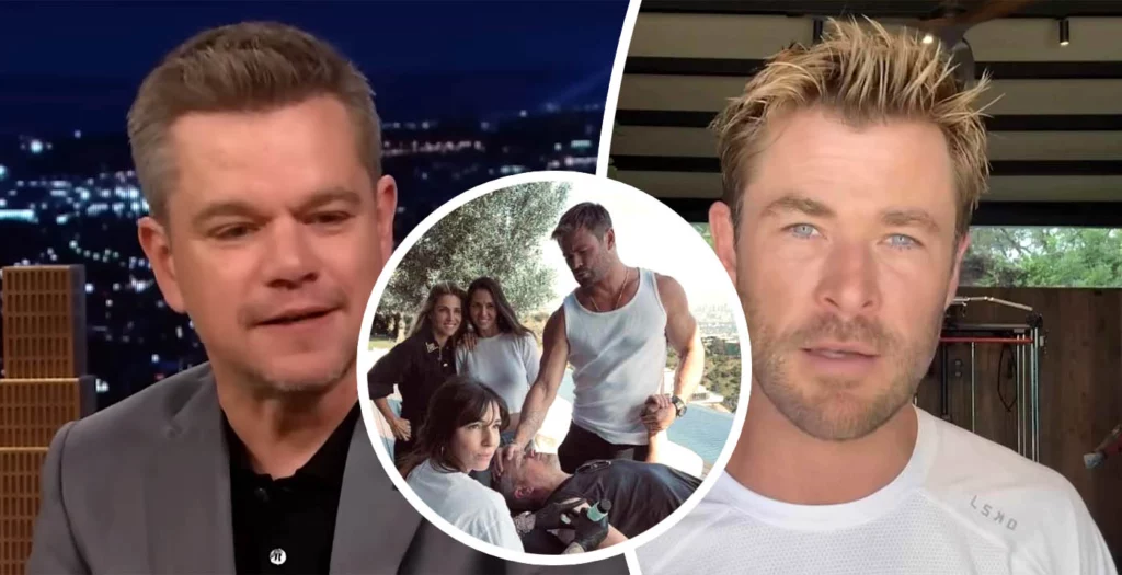 Chris Hemsworth tiene la mano a Matt Damon durante un tatuaggio